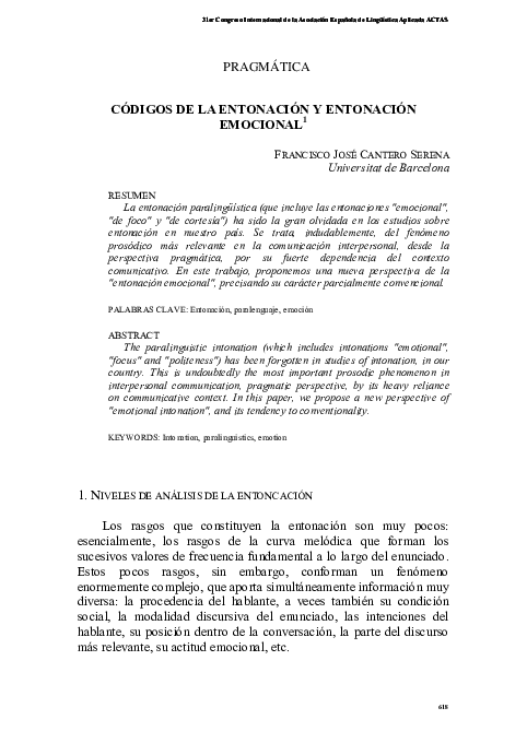 (PDF) Francisco José Cantero Serena (2014): "Códigos de la entonación y entonación emocional"