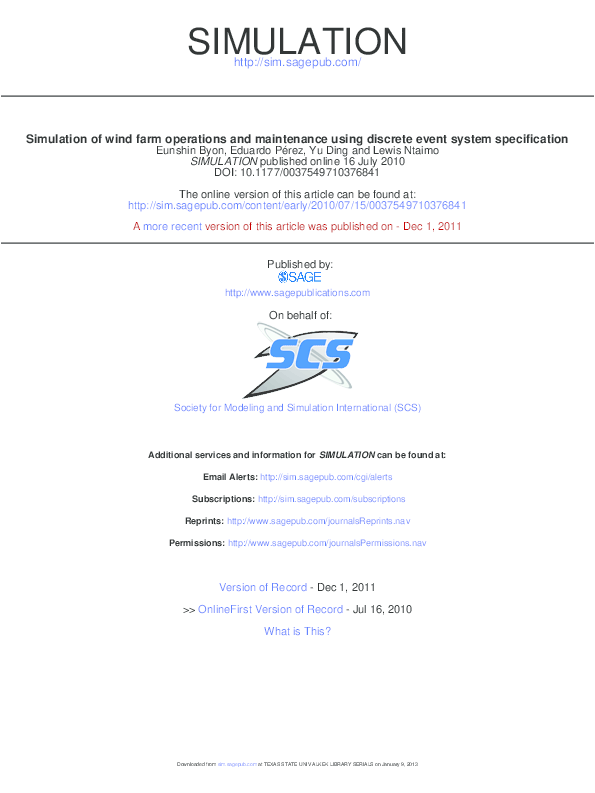 (PDF) Simulation of Wind Farm Maintenance Operations using DEVS