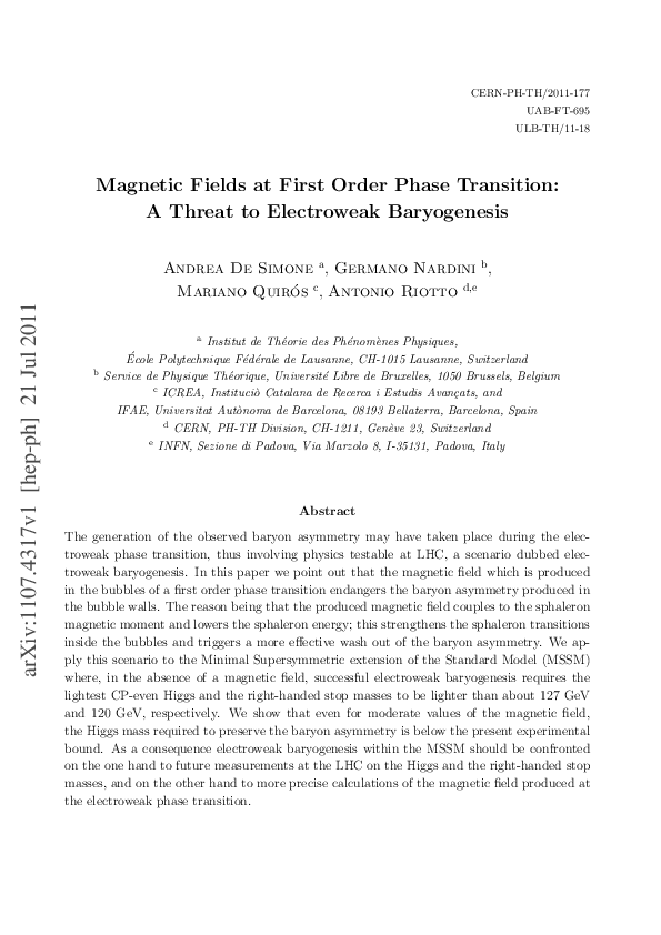 (PDF) Magnetic fields at first order phase transition: a threat to electroweak baryogenesis