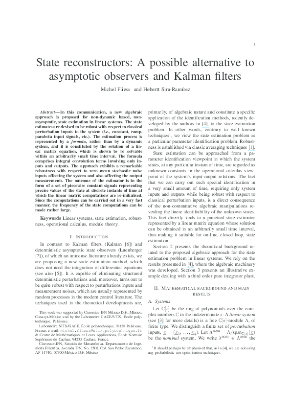 (PDF) State reconstructors: a possible alternative to asymptotic observers and Kalman filters