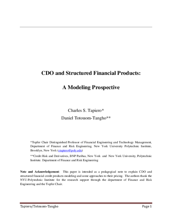(PDF) CDO and Structured Financial Products: A Modeling Perspective