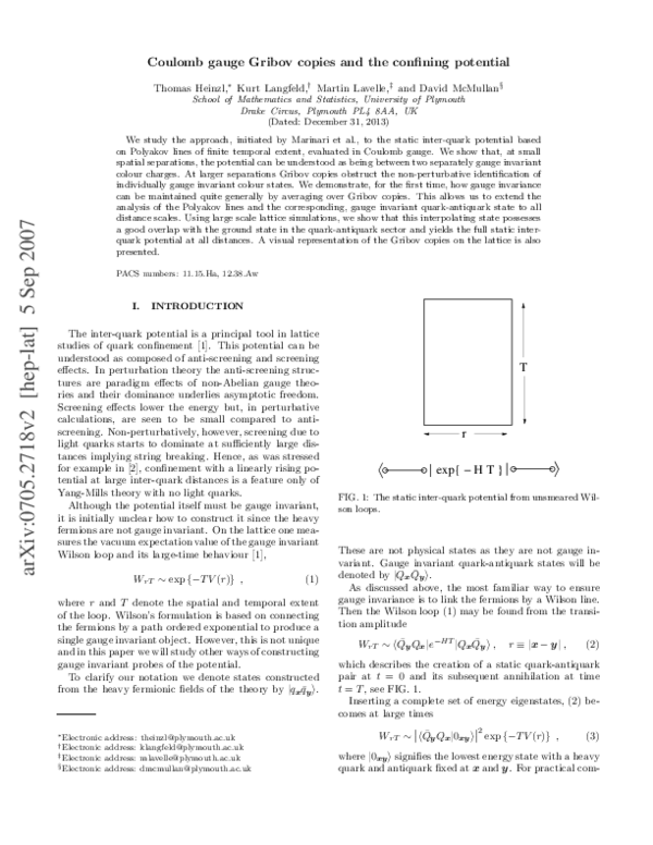 (PDF) Coulomb gauge Gribov copies and the confining potential