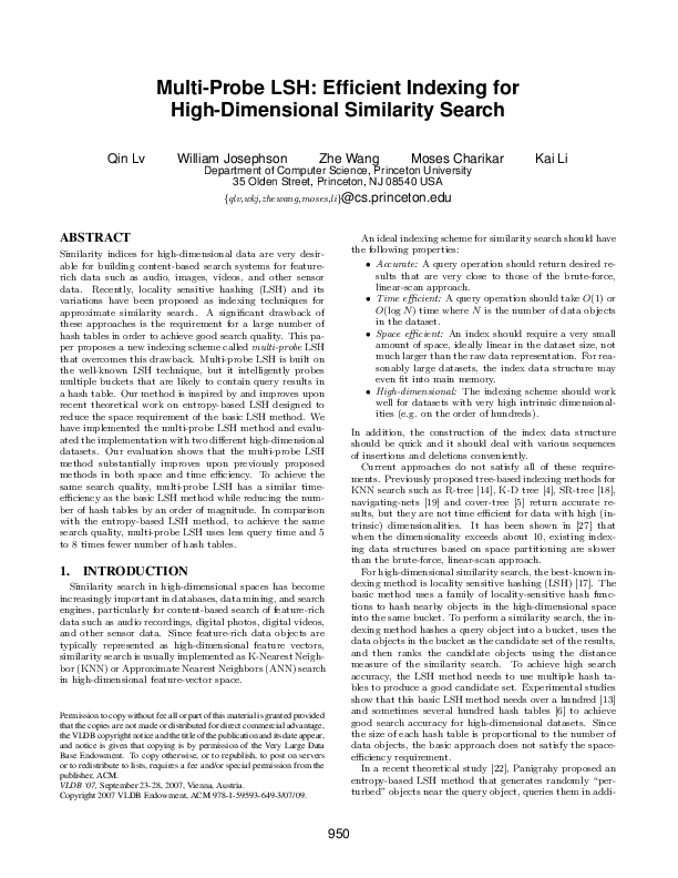 (PDF) Multi-probe LSH: efficient indexing for high-dimensional similarity search