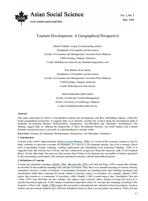 (PDF) Tourism Development: A Geographical Perspective