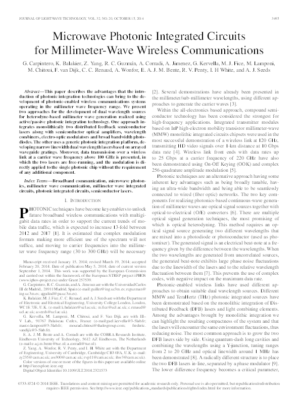 (PDF) Photonic Integrated Circuits for Millimeter-Wave Wireless Communications