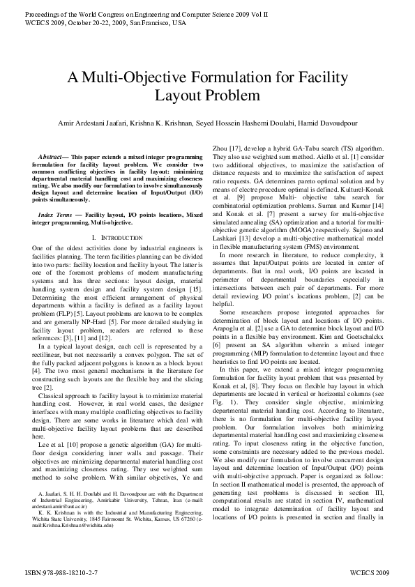(PDF) A Multi-Objective Formulation for Facility Layout Problem