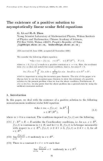 Pdf The Existence Of A Positive Solution To Asymptotically Linear Scalar Field Equations