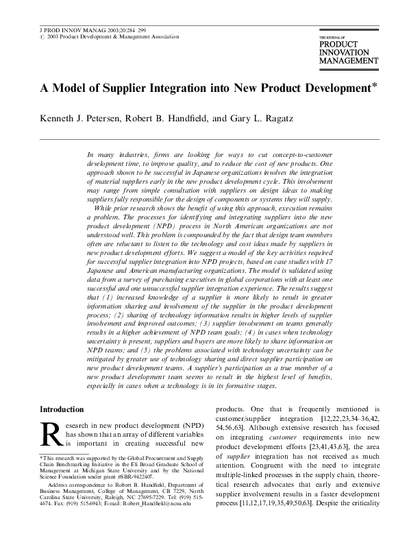 (PDF) A Model of Supplier Integration into New Product Development*