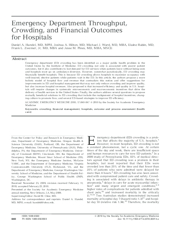 (PDF) Emergency Department Throughput, Crowding, and Financial Outcomes for Hospitals