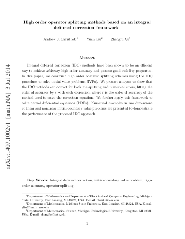 Pdf High Order Operator Splitting Methods Based On An Integral