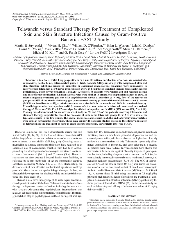 (PDF) Telavancin versus Standard Therapy for Treatment of Complicated ...