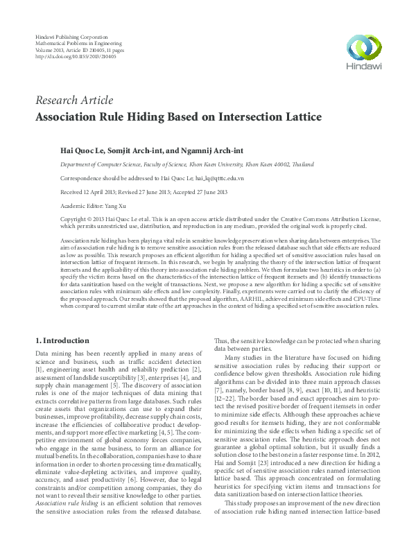 Pdf Association Rule Hiding Based On Intersection Lattice