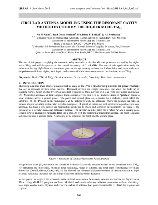 (PDF) CIRCULAR ANTENNA MODELING USING THE RESONANT CAVITY METHOD EXCITED BY THE HIGHER MODE TM21