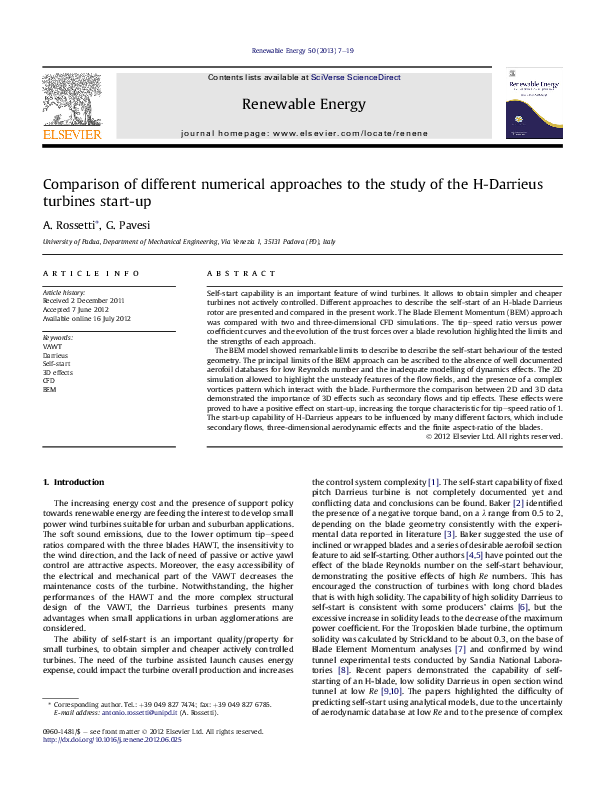 (PDF) Comparison of different numerical approaches to the study of the H-Darrieus turbines start-up