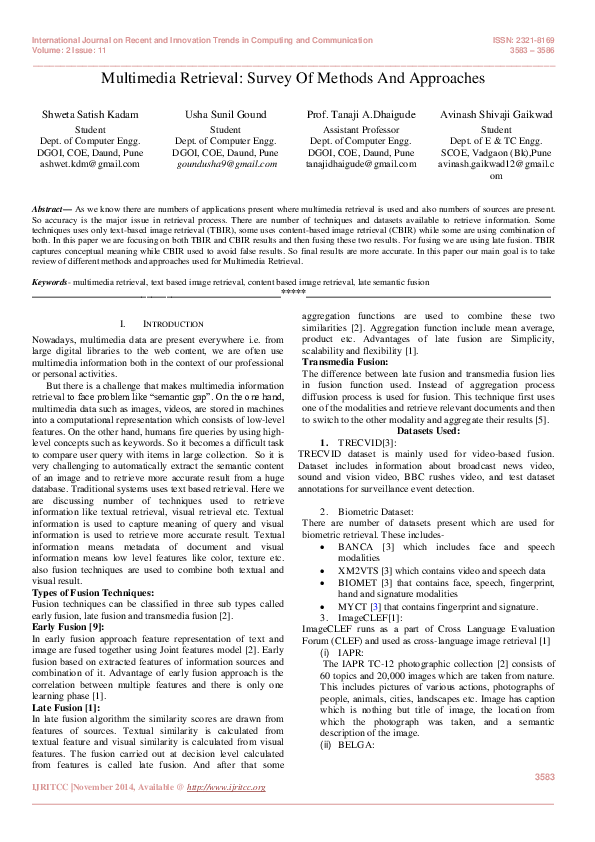 (PDF) Multimedia Retrieval: Survey O f Methods And Approaches