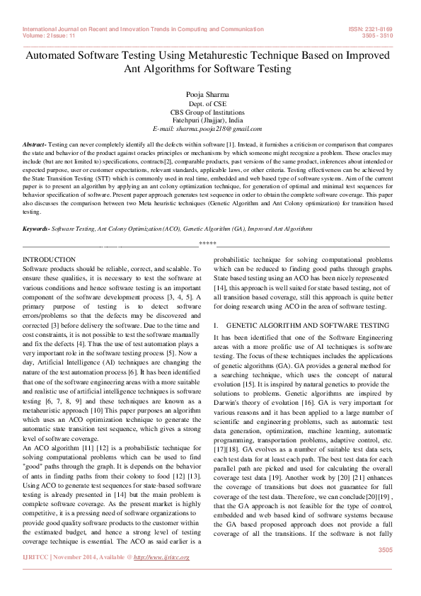 Pdf Automated Software Testing Using Metahurestic Technique Based On Improved Ant Algorithms