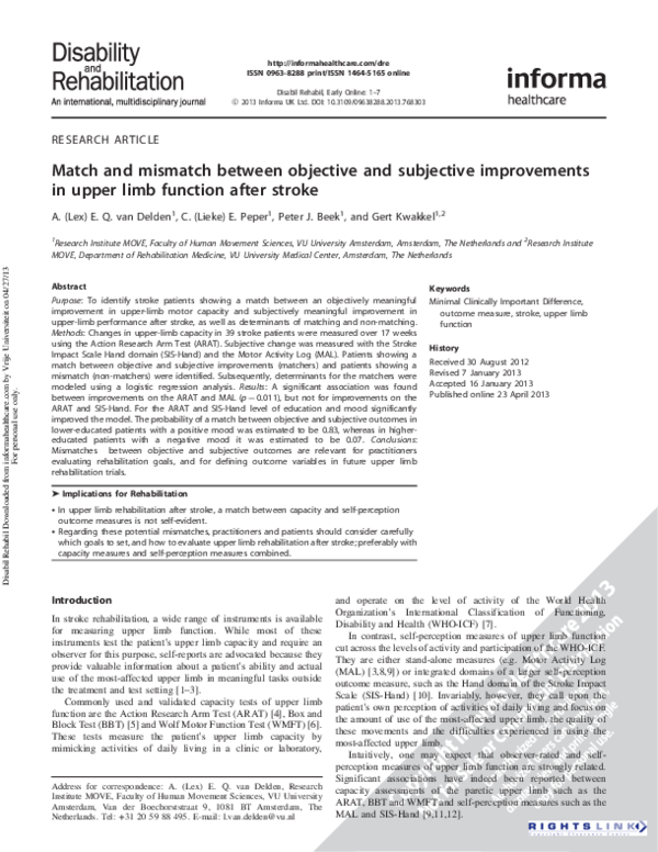Pdf Match And Mismatch Between Objective And Subjective Improvements In Upper Limb Function