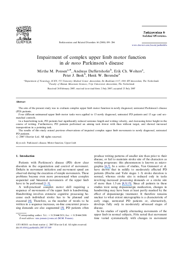 (PDF) Impairment of complex upper limb motor function in de novo ...