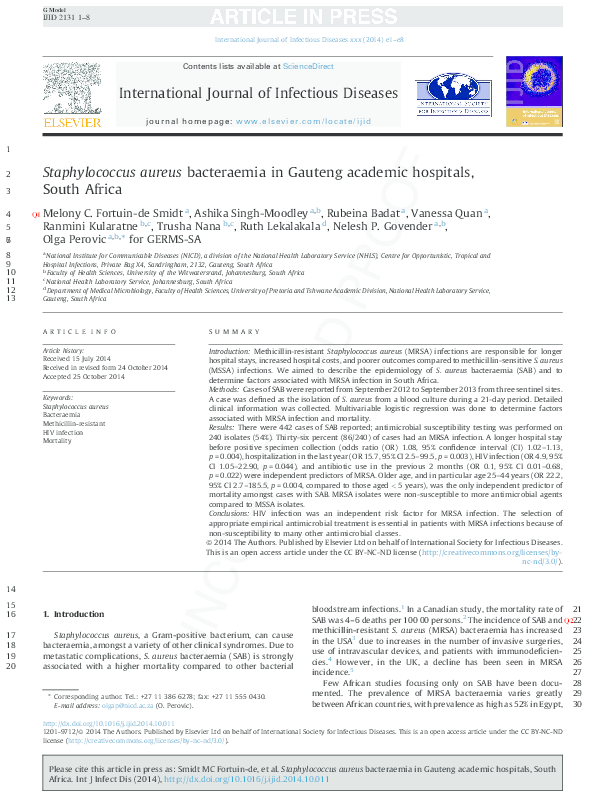 (PDF) Staphylococcus aureus bacteraemia in Gauteng academic hospitals, South Africa