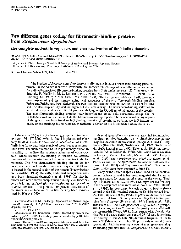 (PDF) Two different genes coding for fibronectin-binding proteins from Streptococcus ...