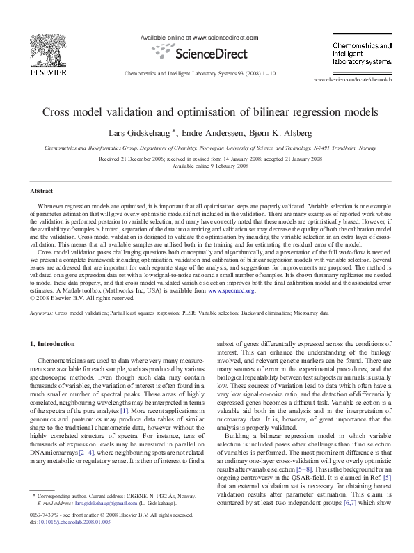 Pdf Cross Model Validation And Optimisation Of Bilinear Regression Models