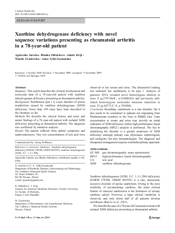 (PDF) Xanthine dehydrogenase deficiency with novel sequence variations ...