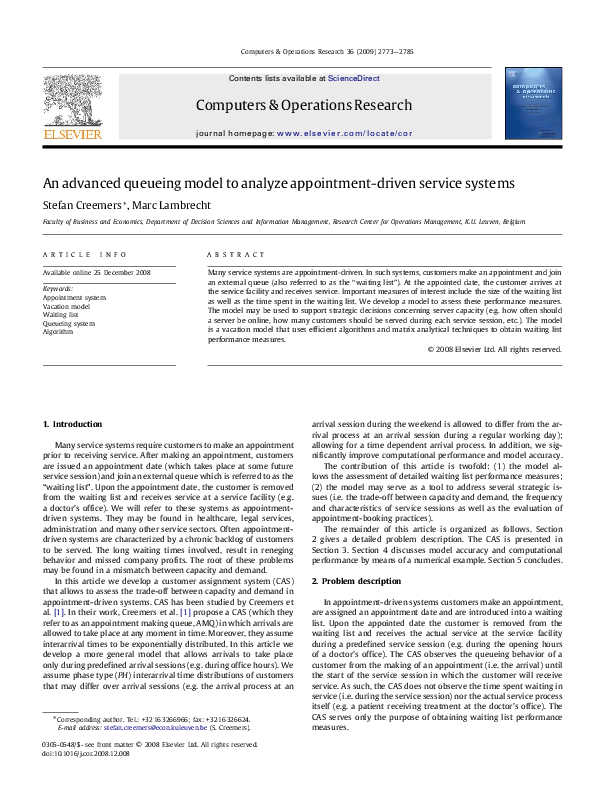 (PDF) An advanced queueing model to analyze appointment-driven service systems | Marc Lambrecht ...