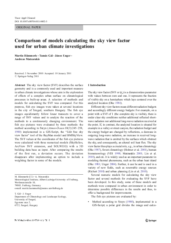 (PDF) Comparison of models calculating the sky view factor used for ...