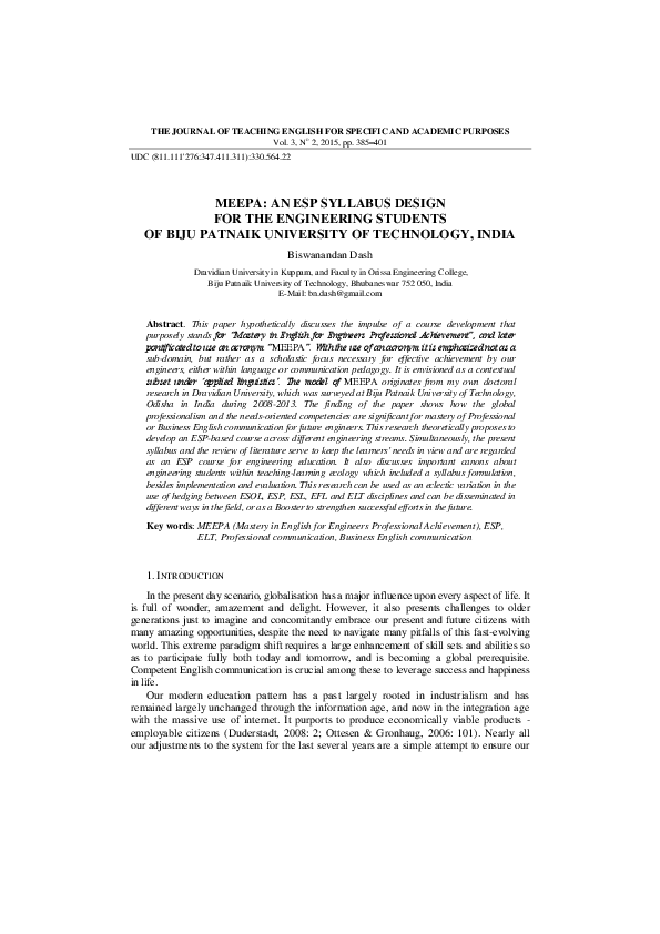 MEEPA: AN ESP SYLLABUS DESIGN FOR THE ENGINEERING STUDENTS OF BIJU ...