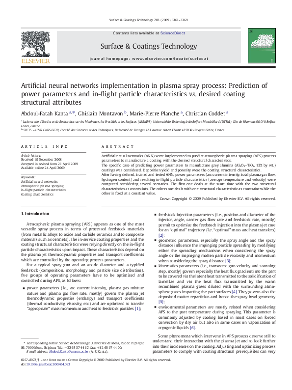 Pdf Artificial Neural Networks Implementation In Plasma Spray Process Prediction Of Power