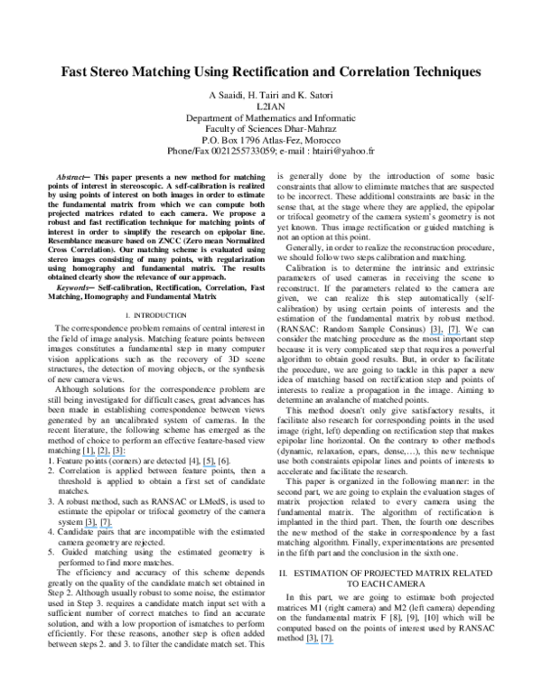 (PDF) Fast Stereo Matching using Rectification and Correlation Techniques