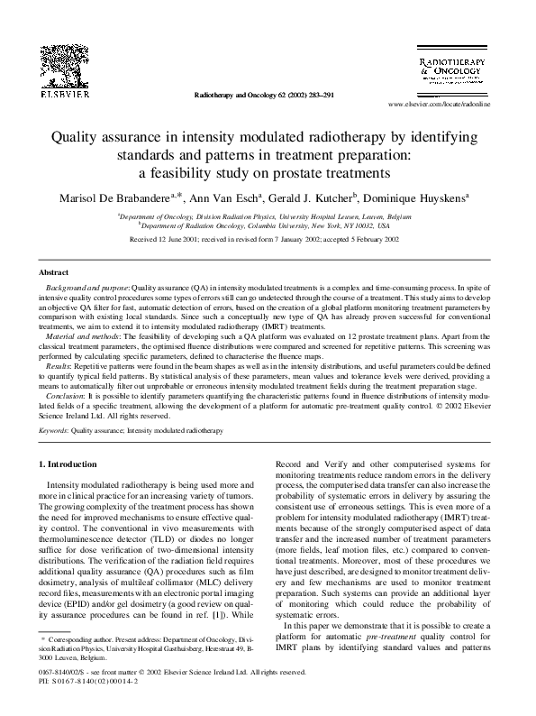 (PDF) Quality assurance in intensity modulated radiotherapy by identifying standards and ...