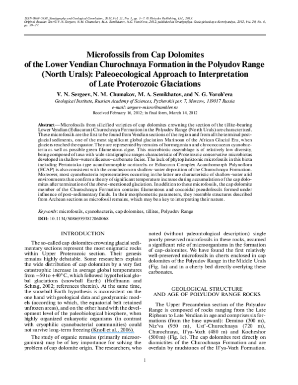 (PDF) Microfossils from cap dolomites of the Lower Vendian Churochnaya ...