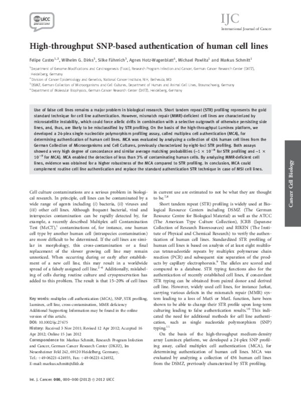 (PDF) High-throughput SNP-based authentication of human cell lines