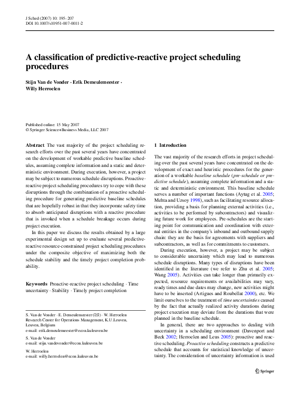 Pdf A Classification Of Predictive Reactive Project Scheduling Procedures