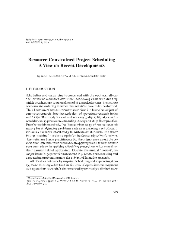 Pdf Resource Constrained Project Scheduling A View On Recent Developments