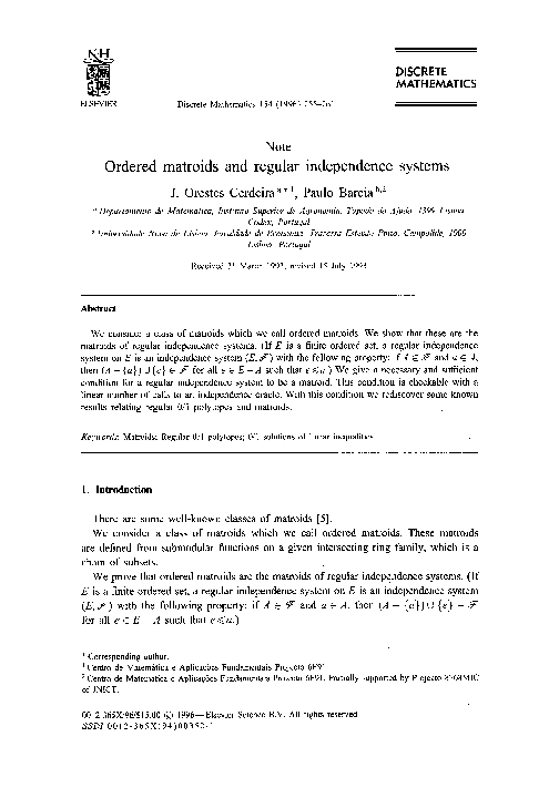 (PDF) Ordered matroids and regular independence systems