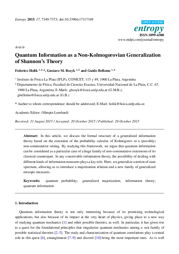 (PDF) Quantum Information as a Non-Kolmogorovian Generalization of Shannon’s Theory | Federico ...