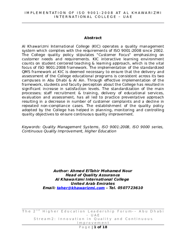 (DOC) Implementation of ISO 9001:2008 in Higher Education: A Case Study ...