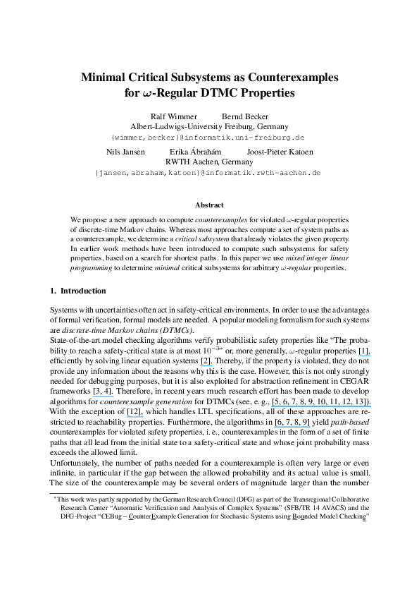 (PDF) Minimal critical subsystems as counterexamples for -regular DTMC properties