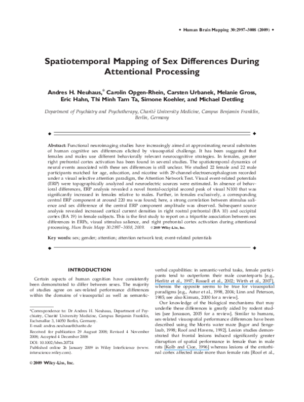 Pdf Spatiotemporal Mapping Of Sex Differences During Attentional Processing