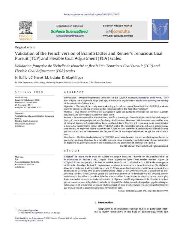 (PDF) Validation of the French version of Brandtstädter and Renner's ...