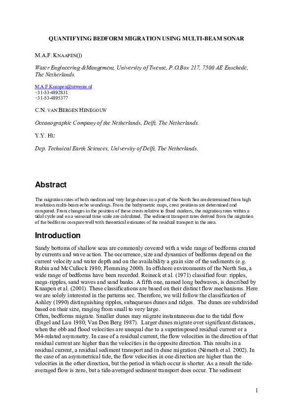 (PDF) Quantifying bedform migration using multi-beam sonar