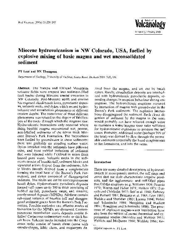 (PDF) Miocene hydrovolcanism in NW Colorado, USA, fuelled by explosive ...