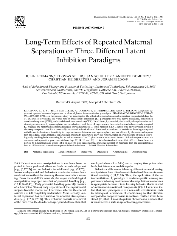 Pdf Long Term Effects Of Repeated Maternal Separation On Three Different Latent Inhibition