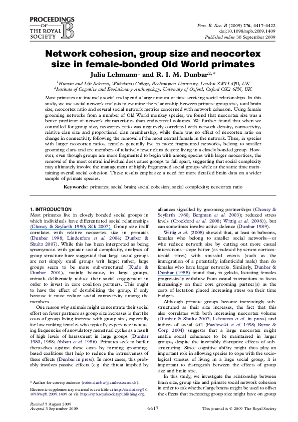 (PDF) Network cohesion, group size and neocortex size in female-bonded ...