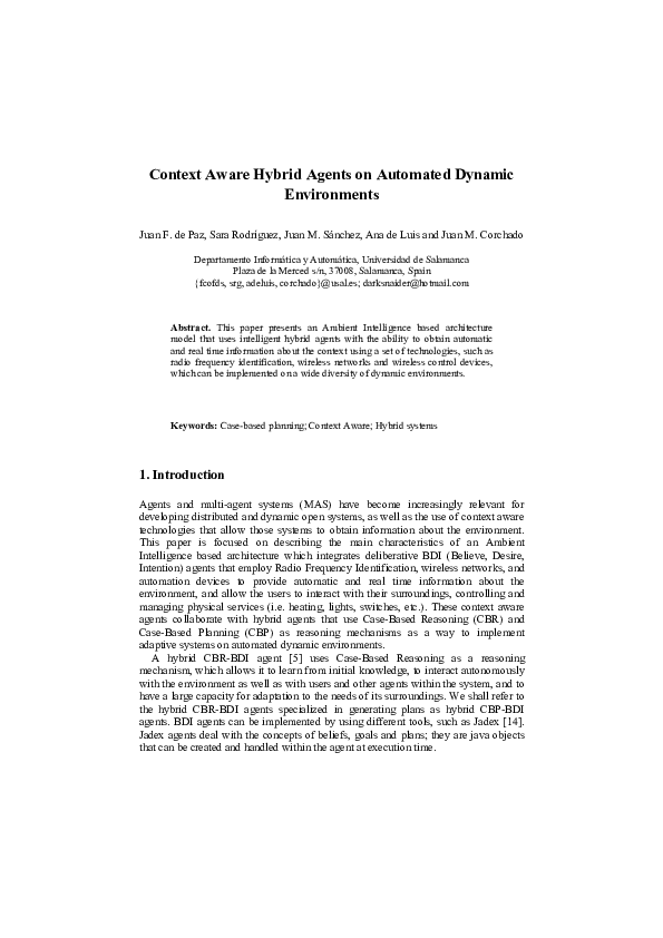 (PDF) Context Aware Hybrid Agents on Automated Dynamic Environments | Sara Rodríguez and Ana de ...