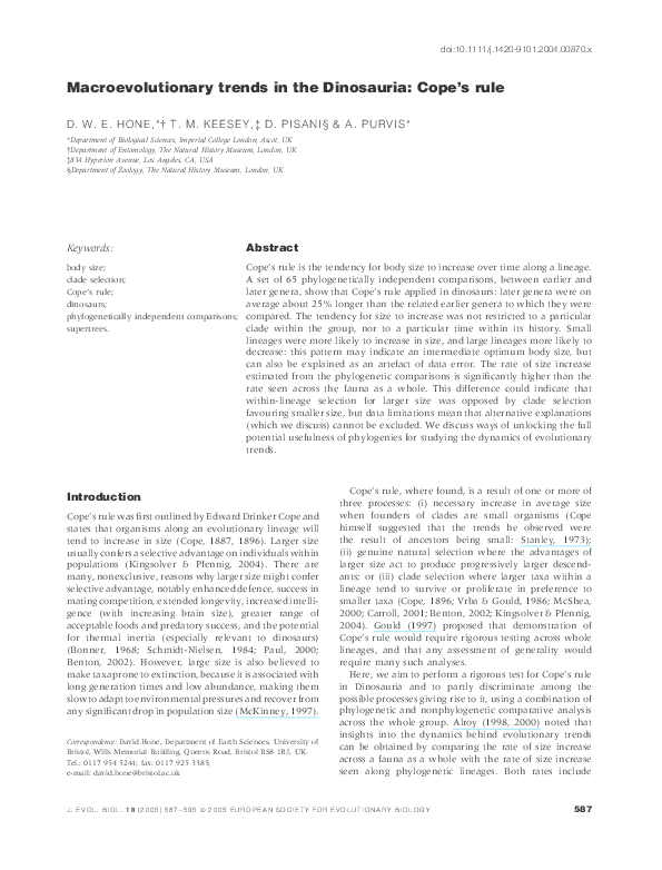 (PDF) Macroevolutionary trends in the Dinosauria: Cope's rule
