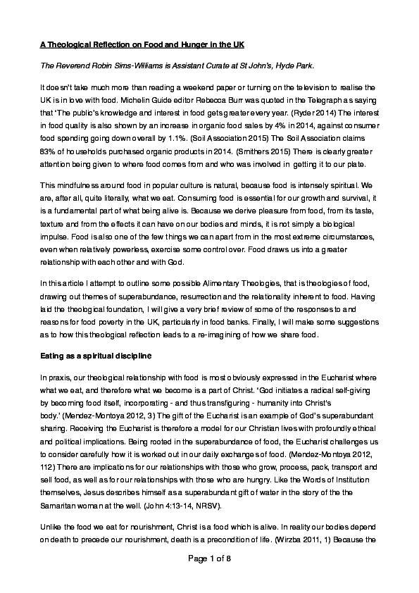 (PDF) A Theological Reflection on Food and Hunger in the UK