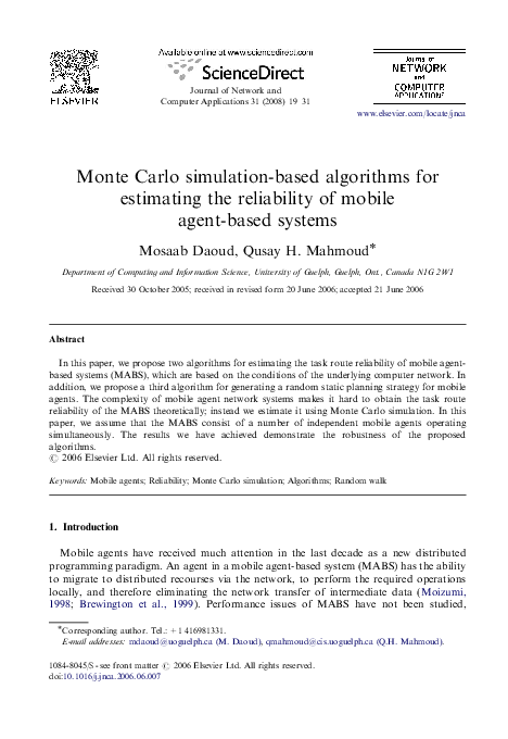 (PDF) Monte Carlo simulation-based algorithms for estimating the reliability of mobile agent ...